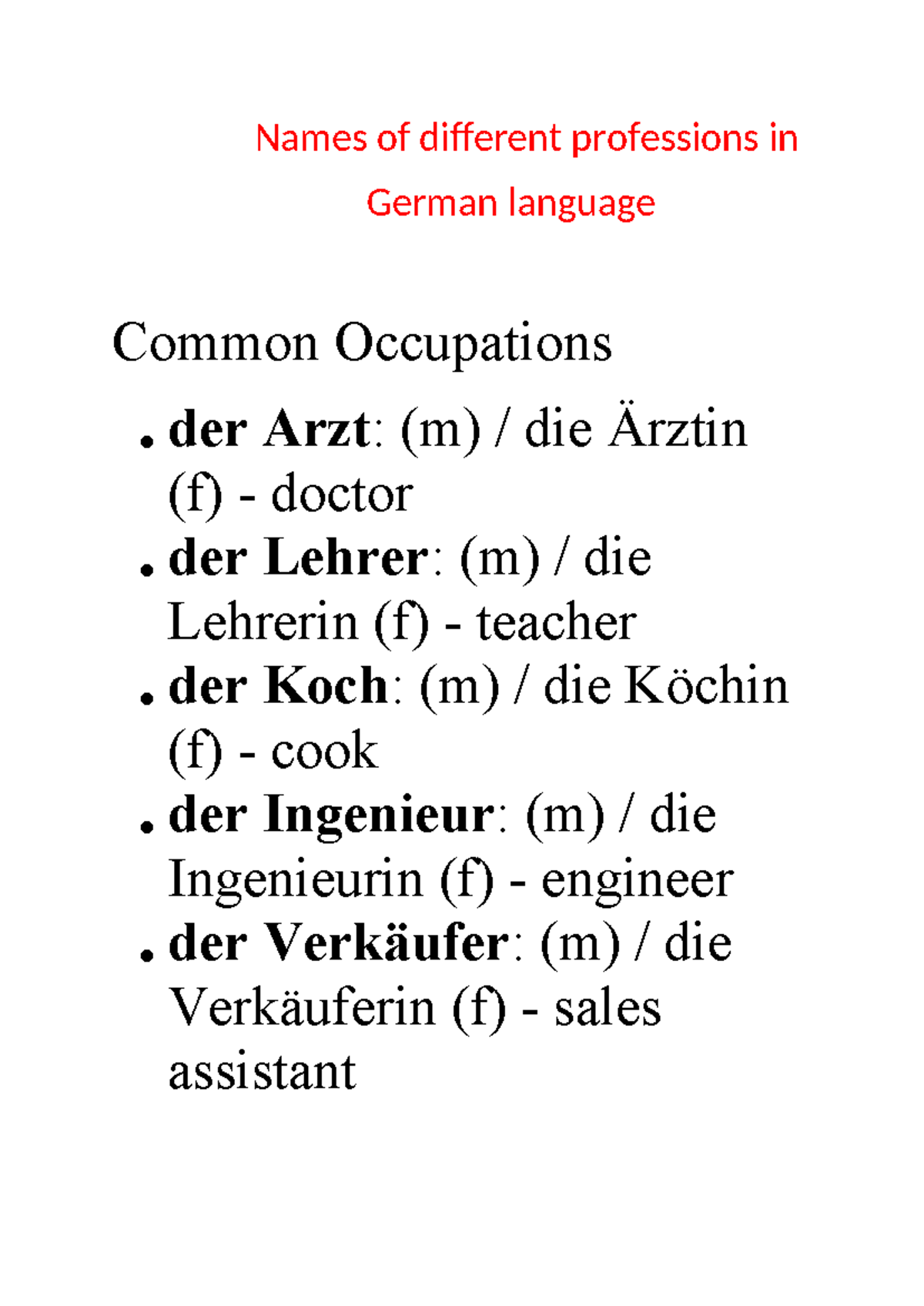 German Vocabulary: Common Professions and Verbs in German - Studocu