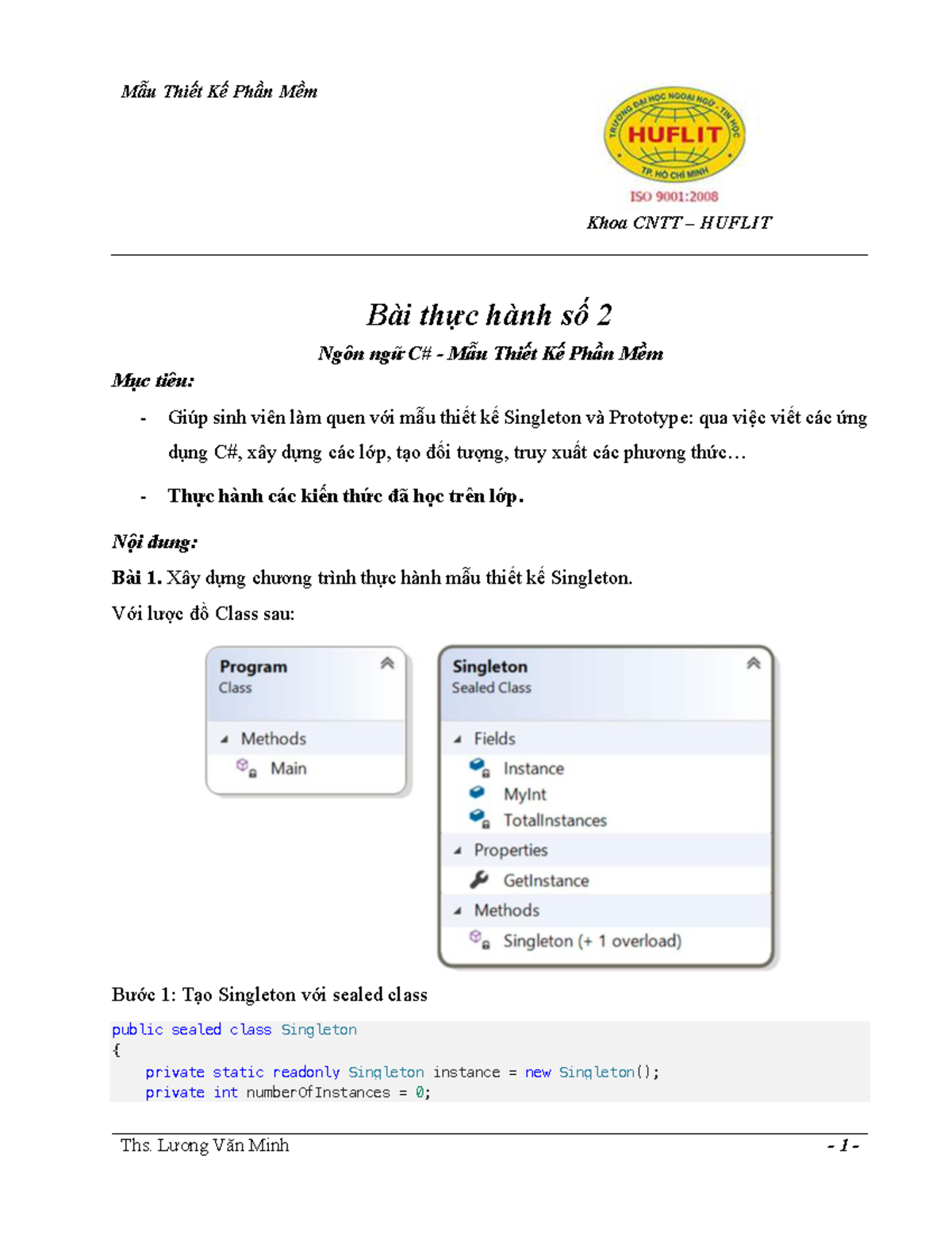 BT CNTT HUFLIT Bài Thực Hành 2: Mẫu Thiết Kế Singleton & Prototype - Studocu