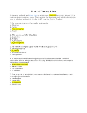 HS140 Unit 2 Pharmacology Patty Bickham - Part 1: Drug Names and ...