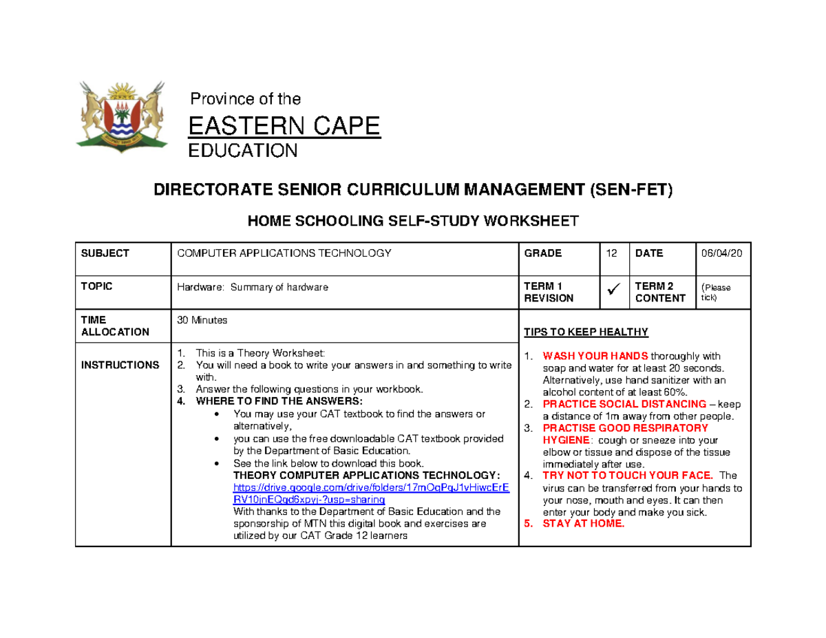 CAT Grade 12 Worksheet 5: Hardware Summary for Term 1 Revision - Studocu