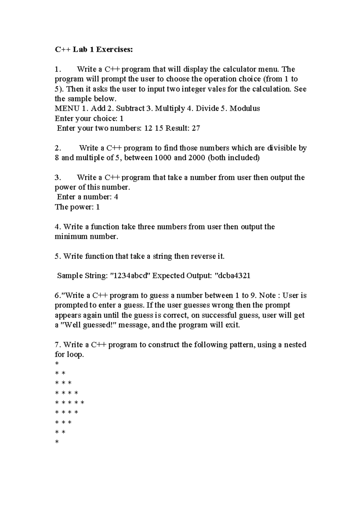 Week1 - Assignment 1 - C++ Lab 1 Exercises: Write a C++ program that will display the calculator ...