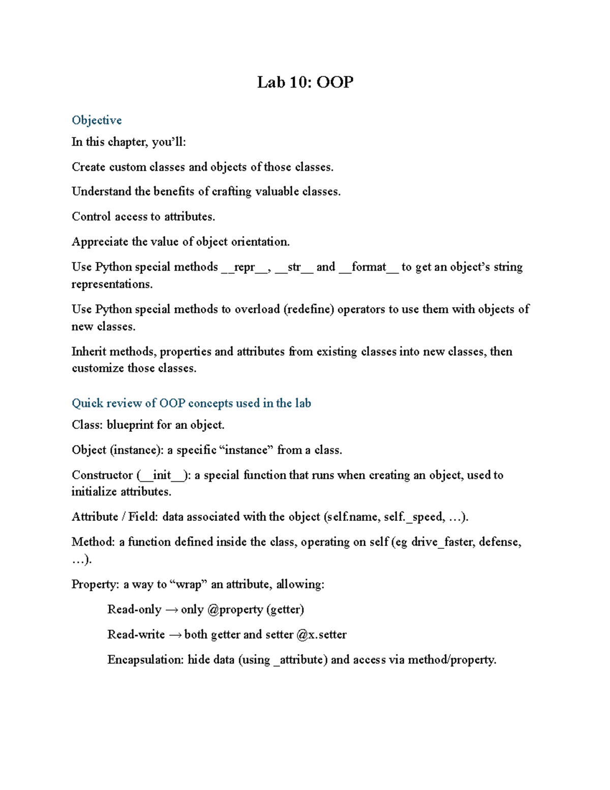 FoP Lab 10: OOP Concepts and Custom Class Implementation - Studocu