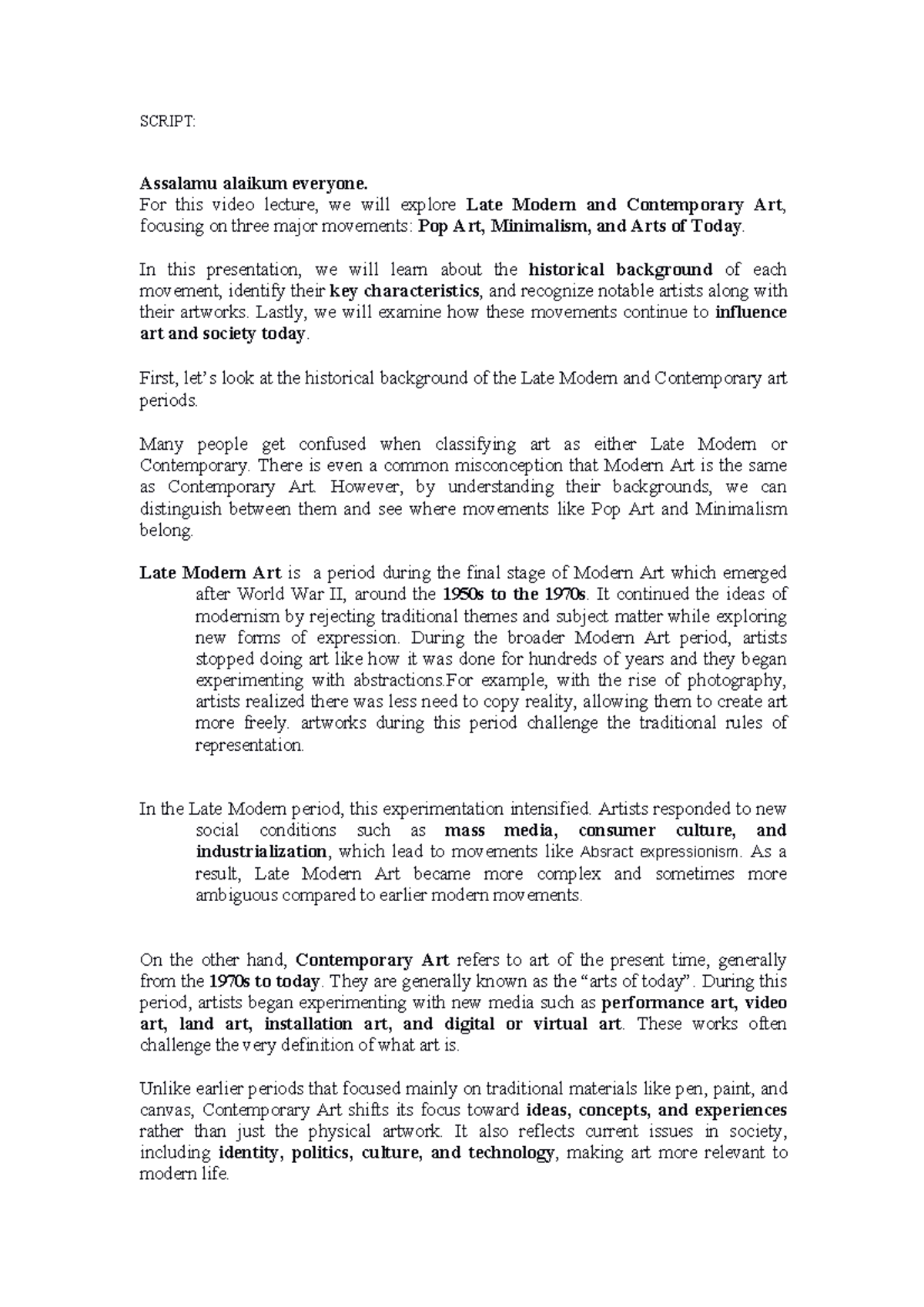 ART 101: Late Modern & Contemporary Art Overview Script - Studocu