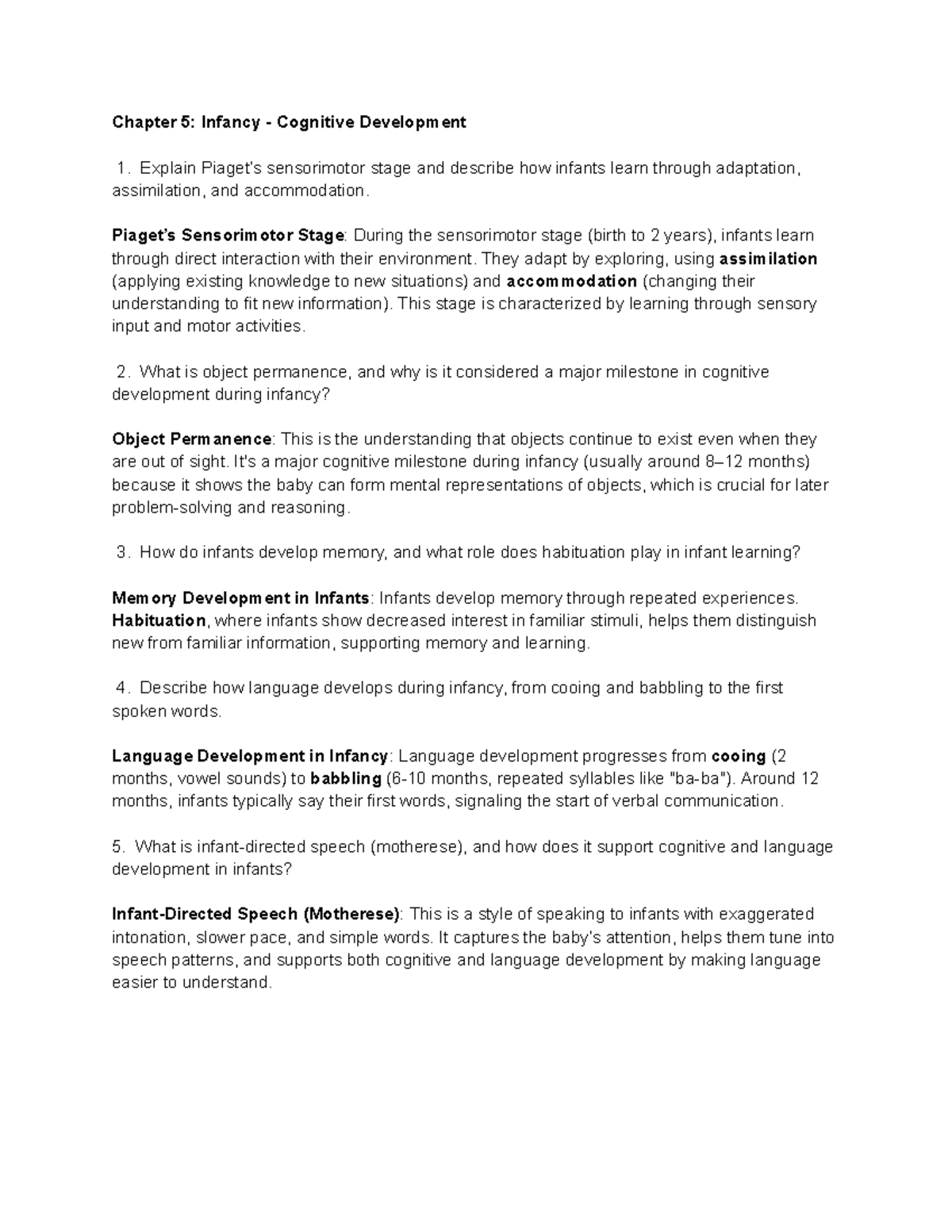 PSY Ch 5 - 8 - Midterm study summary - Chapter 5: Infancy - Cognitive Development 1. Explain ...