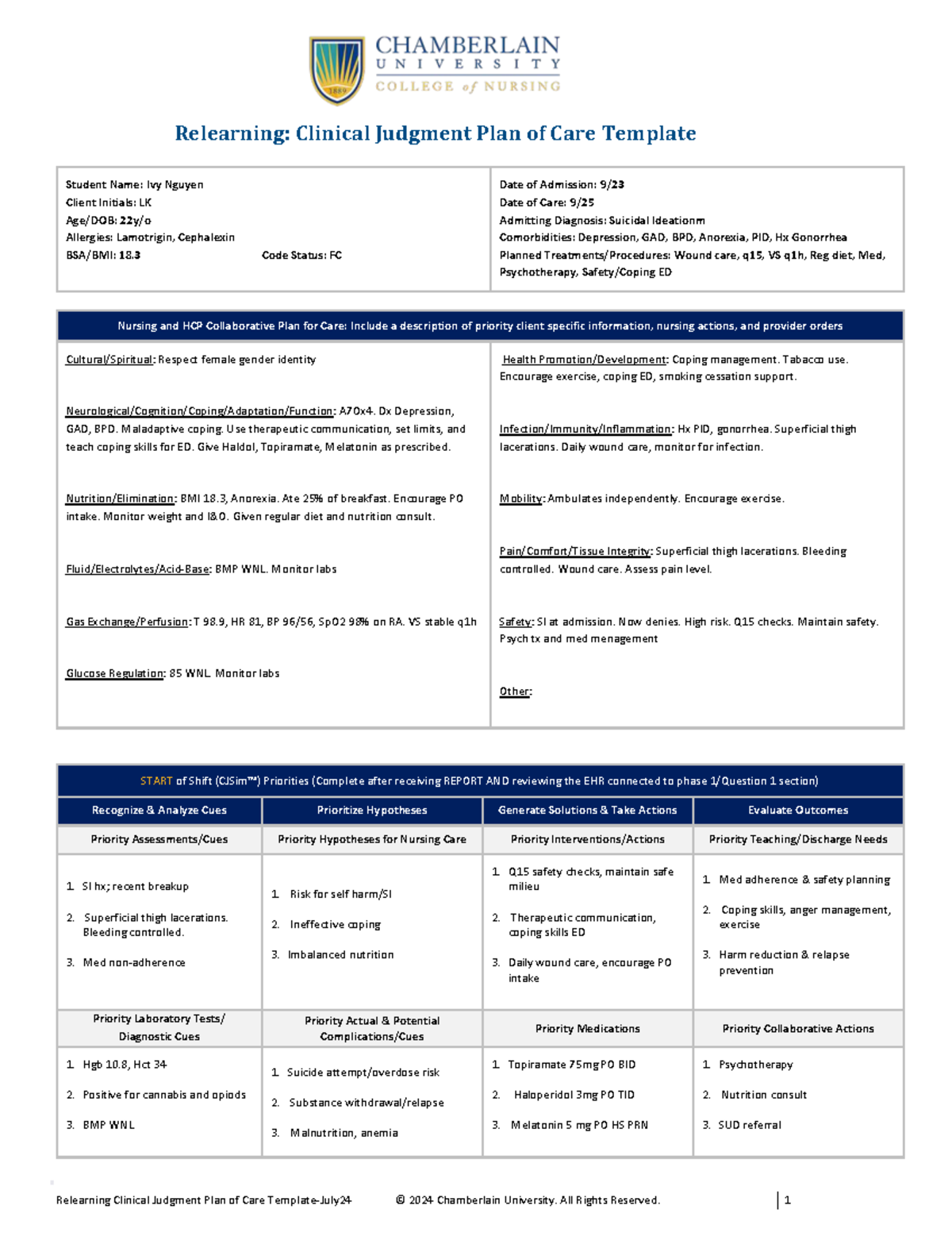 MH 2024: Clinical Judgment Plan of Care Template for Relearning - Studocu
