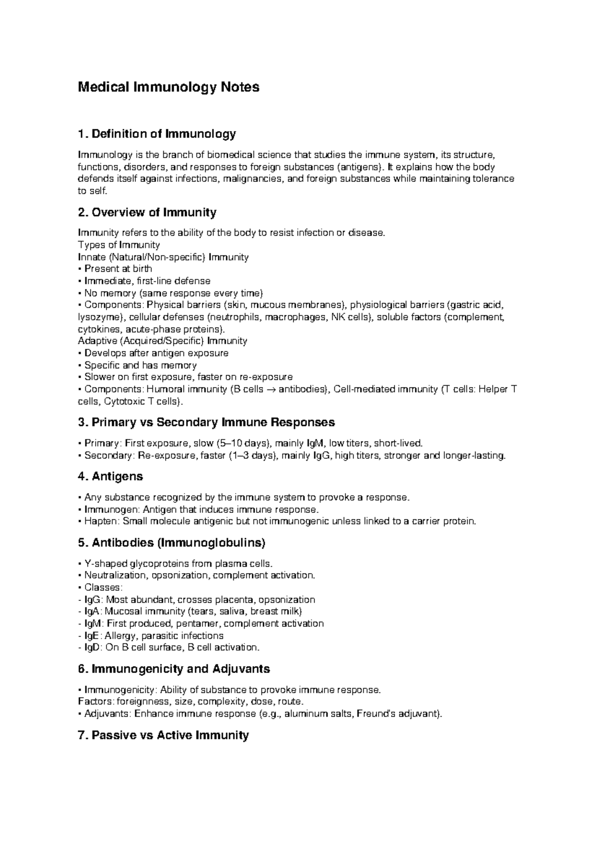 Medical Immunology Notes: Overview of Immune System Functions - Studocu
