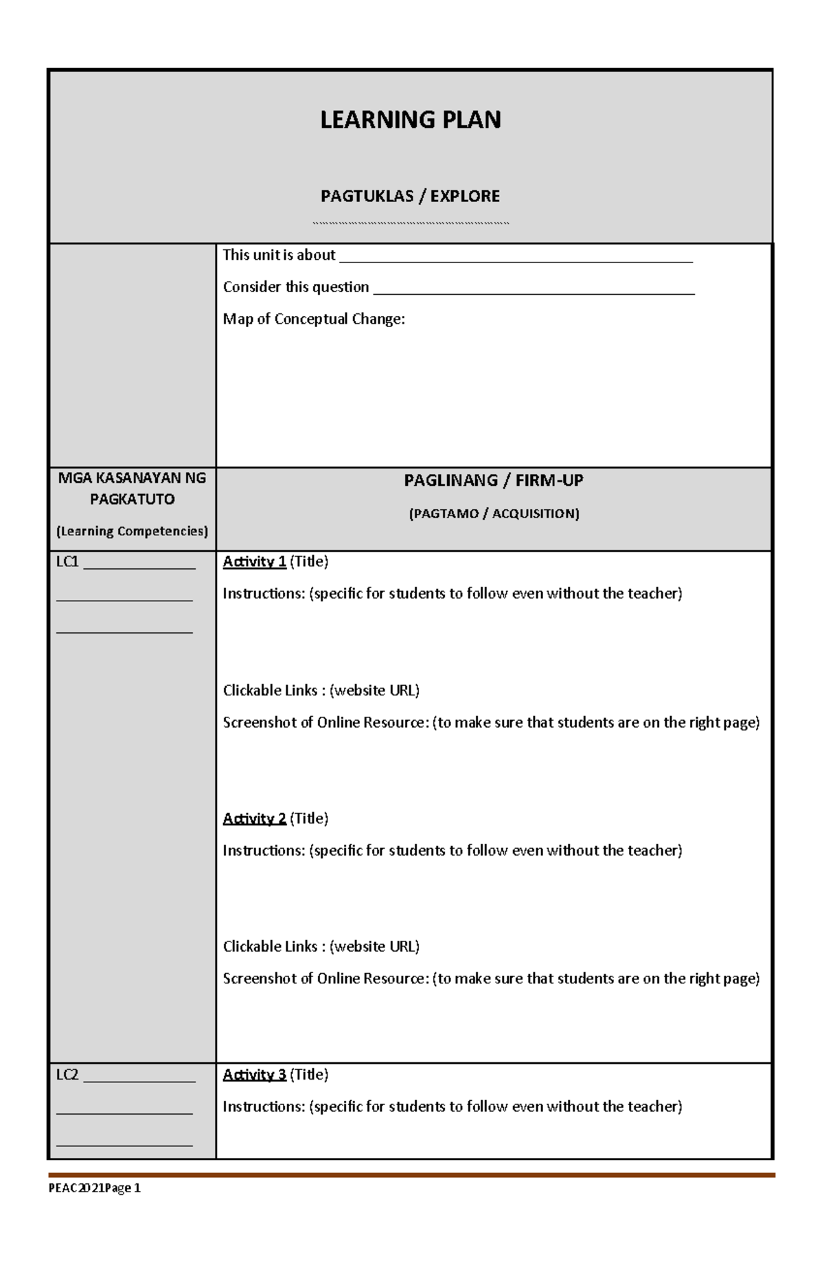 Sample learning plan - LEARNING PLAN PAGTUKLAS / EXPLORE - Studocu