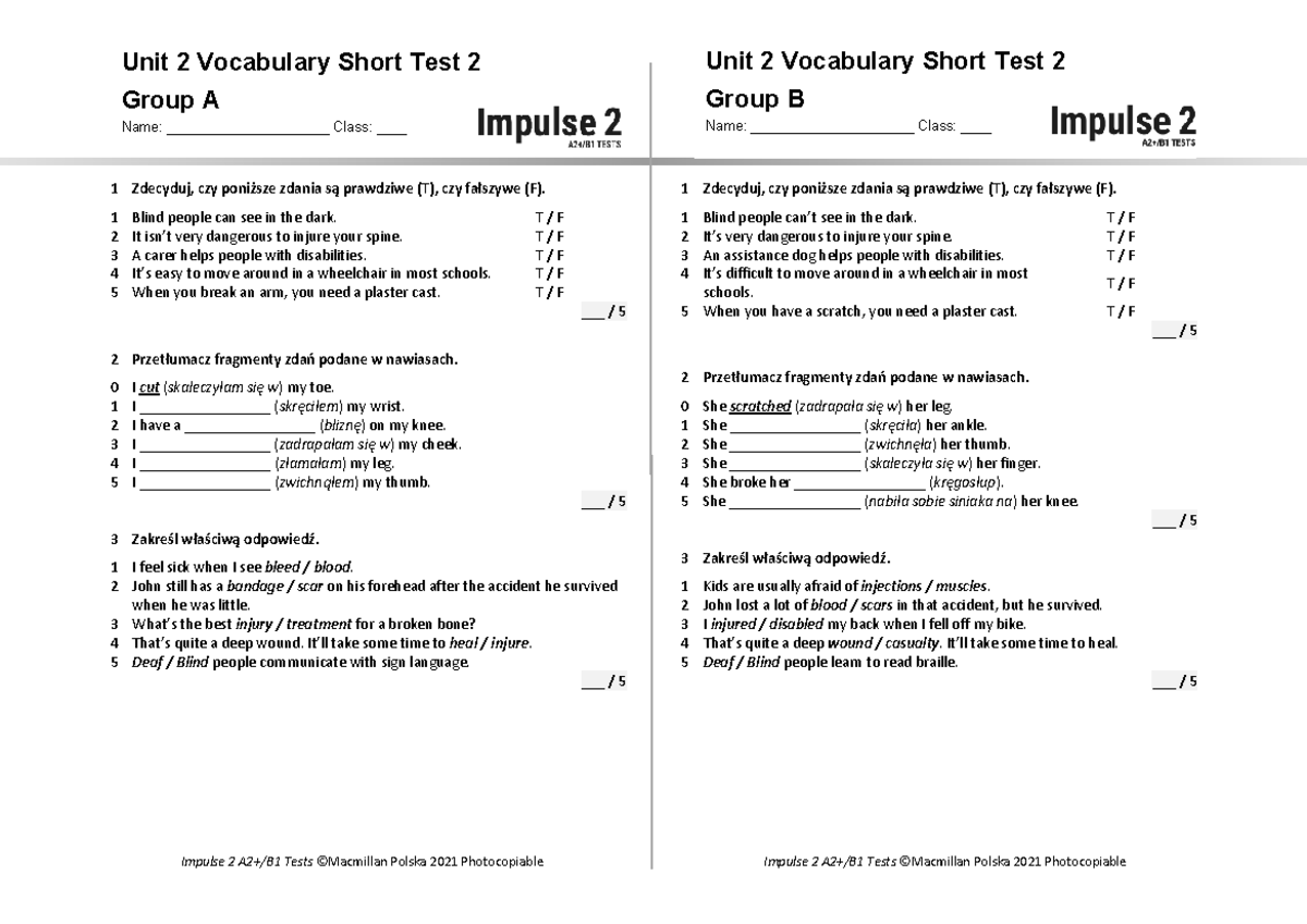 Unit 2 Vocabulary Short Test 2: Group A & B Review - Studocu
