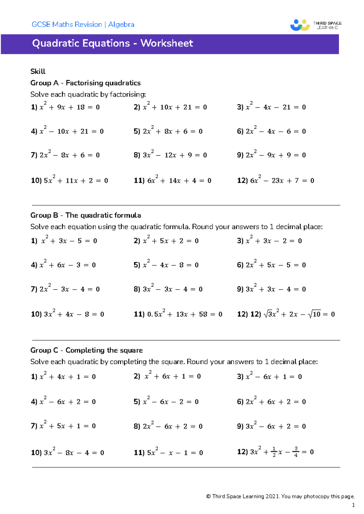 GCSE Maths Revision: Quadratic Equations Worksheet (Unit 3) - Studocu