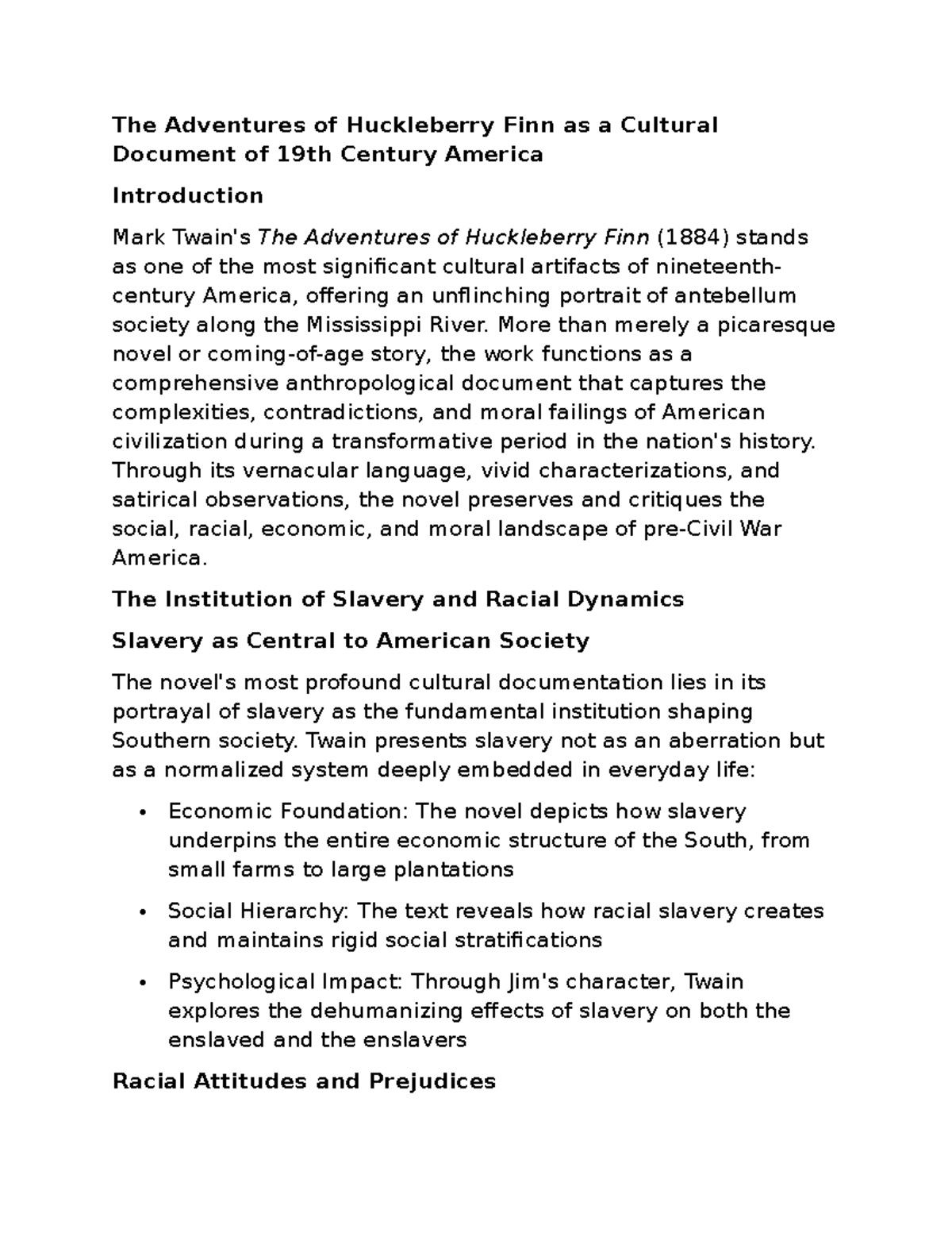 ENG 201: The Adventures of Huckleberry Finn - A Cultural Analysis of ...