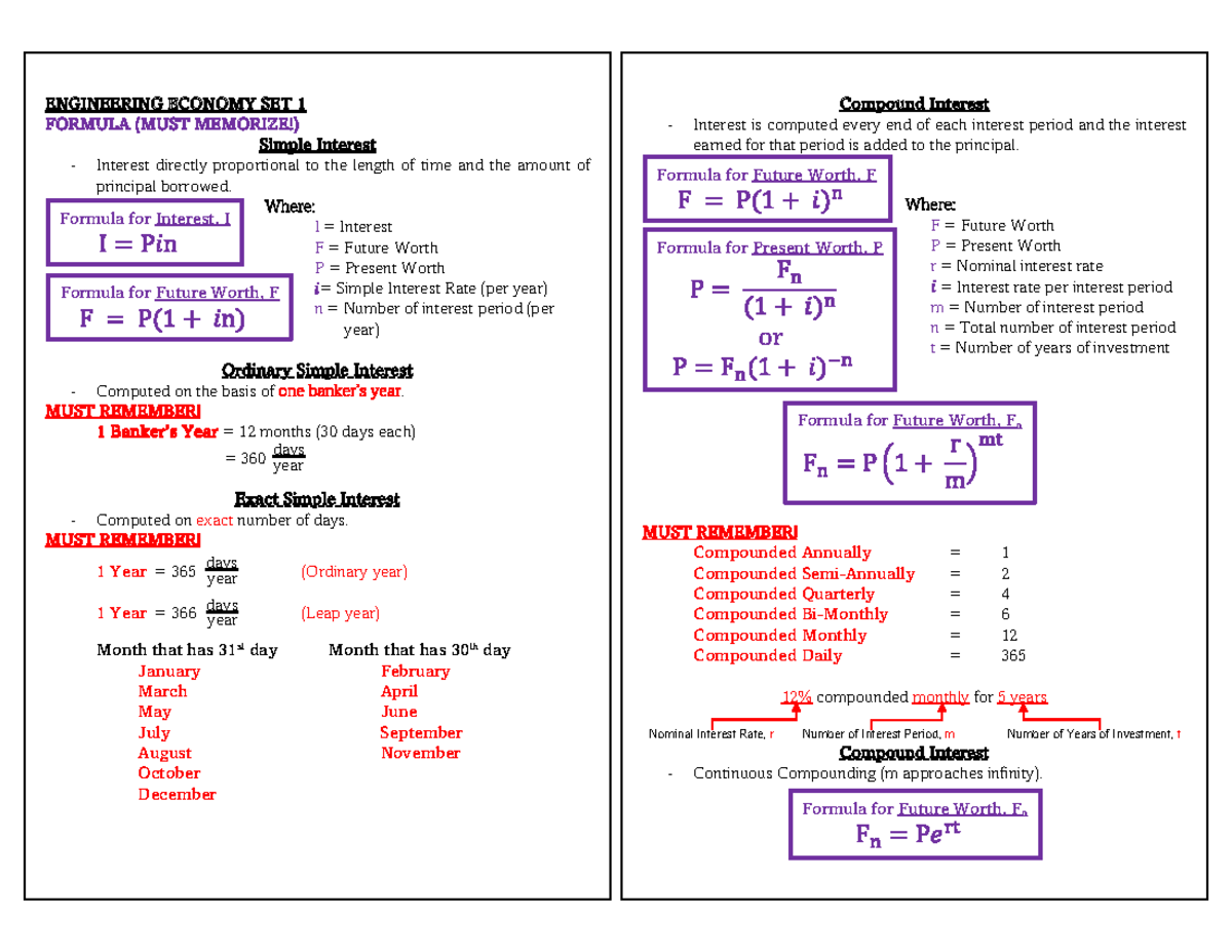 Engineering Economy Set 1 & 2 Formulas (Must Memorize!) - Studocu