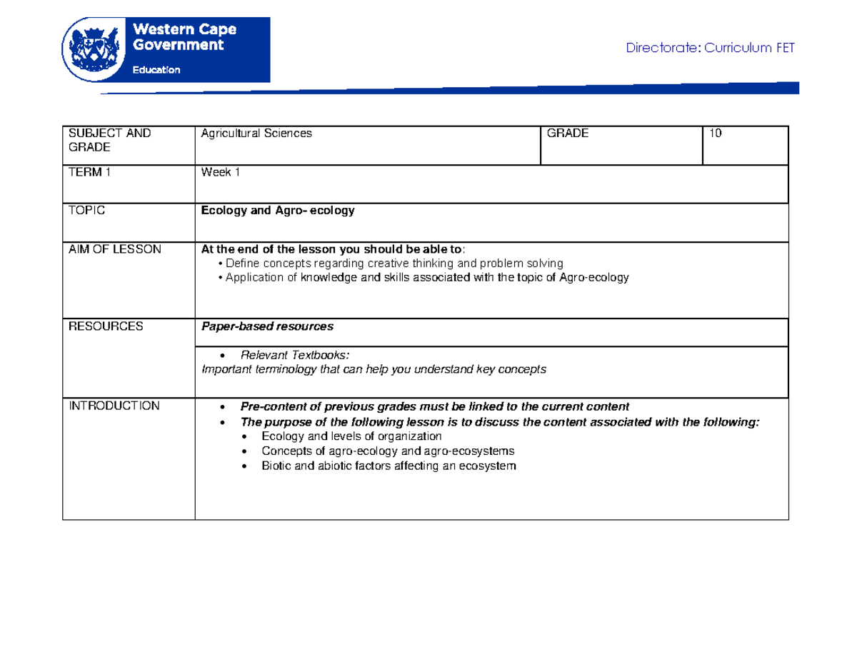 Agricultural Sciences Gr 10 Term 1 Week 1 Ecology & Agro-ecology Notes ...