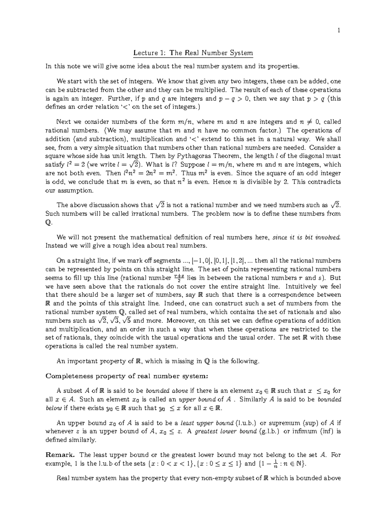 Lecture 1 - Real Number System - 1 Lecture 1: The Real Number System In ...