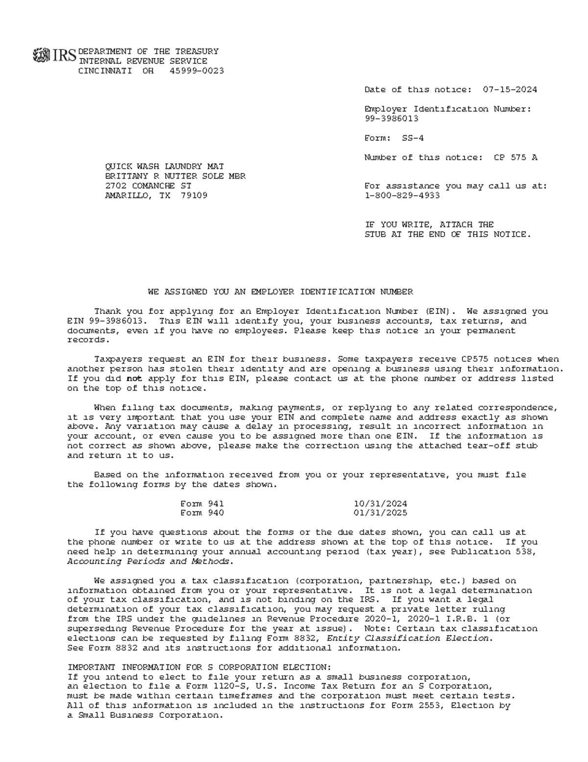 CP575 Notice for Employer Identification Number (EIN) Assignment - Studocu