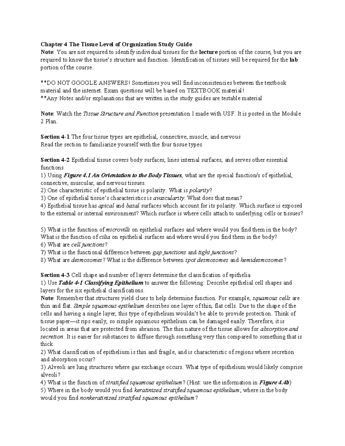 Chapter 4: Tissue Level of Organization Study Guide (Bio 101) - Studocu