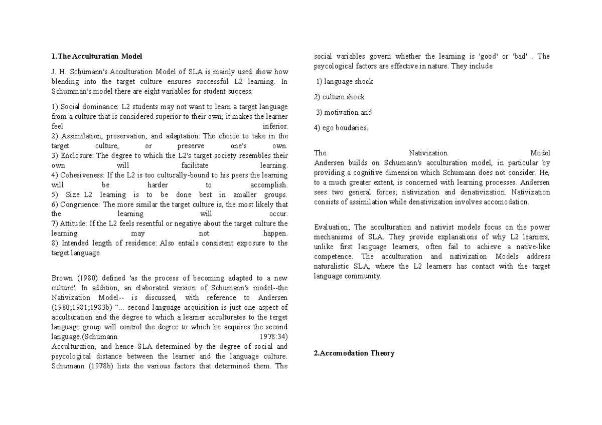 Acculturation and Accomodation - 1 Acculturation Model J. H. Schumann's ...