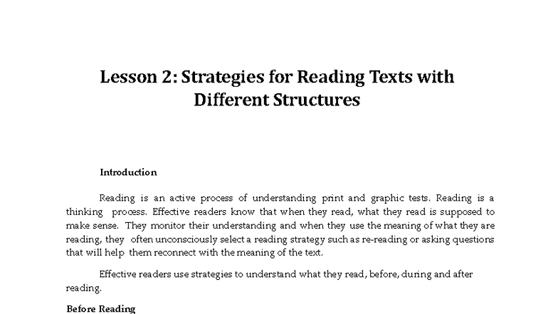 Lesson 2: Strategies for Reading Texts with Different Structures - Studocu