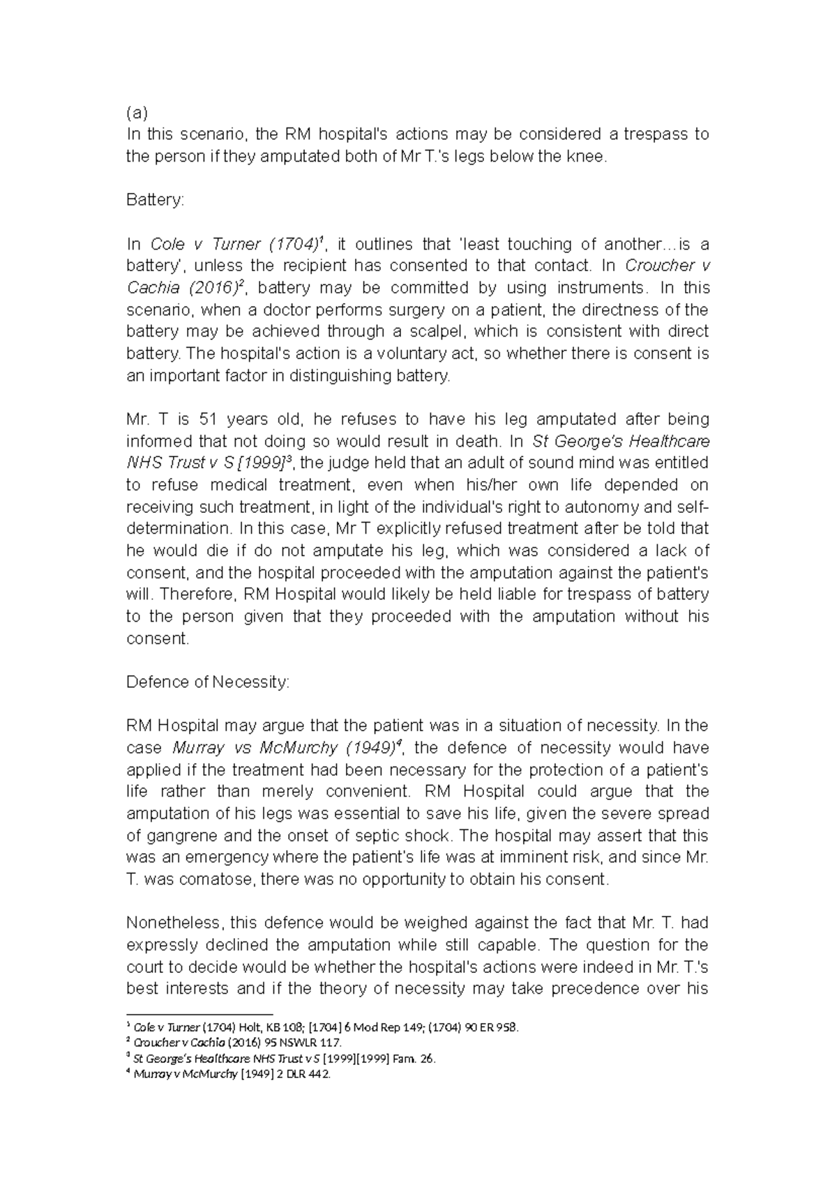 Torts and Medical Ethics: Case Study on Battery and Consent (LAW1500 ...