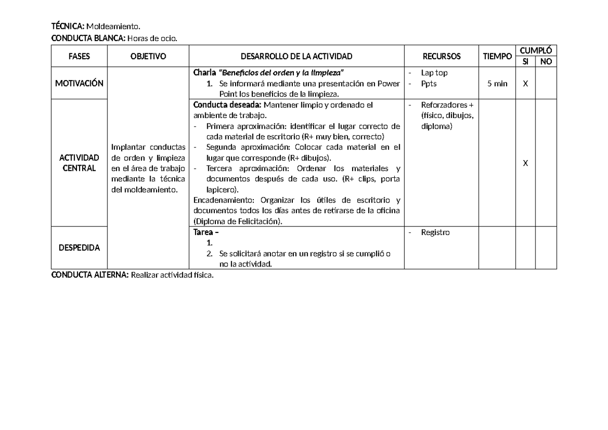 Matríz - Técnica DE Moldeamiento - TÉCNICA: Moldeamiento. CONDUCTA ...
