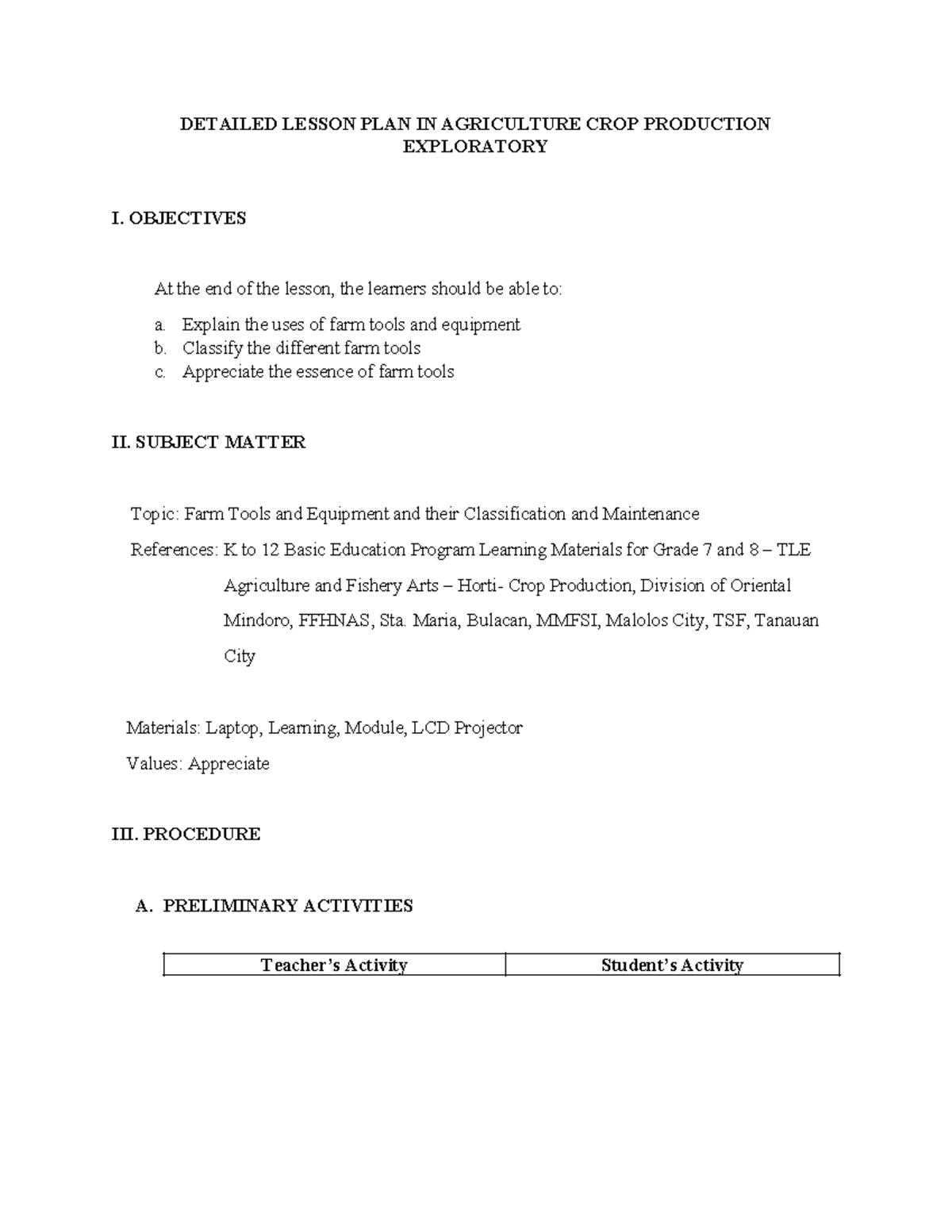 Detailed Lesson Plan: Classifying Farm Tools in Agriculture ...