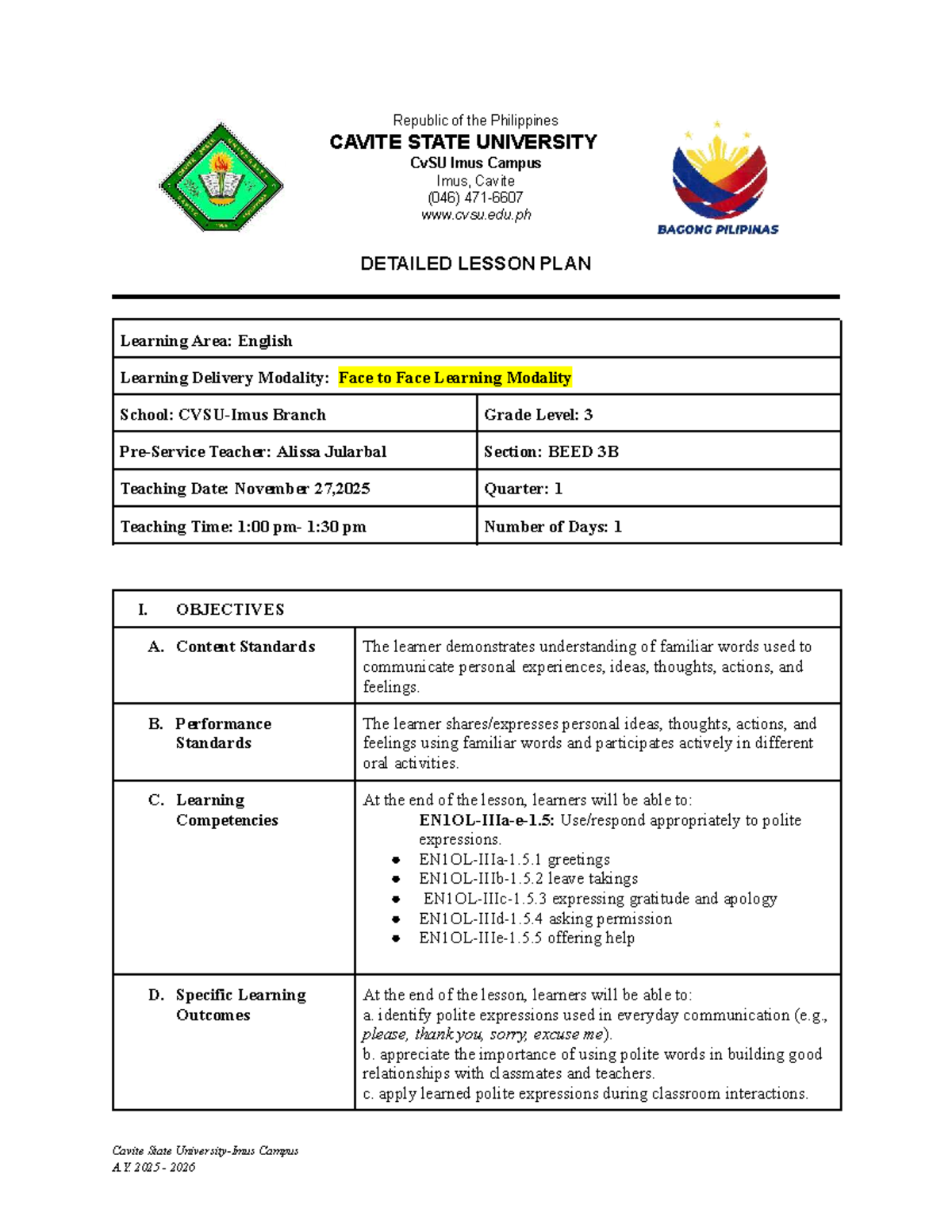 Detailed Lesson Plan: Polite Expressions in English (Grade 3) - Studocu