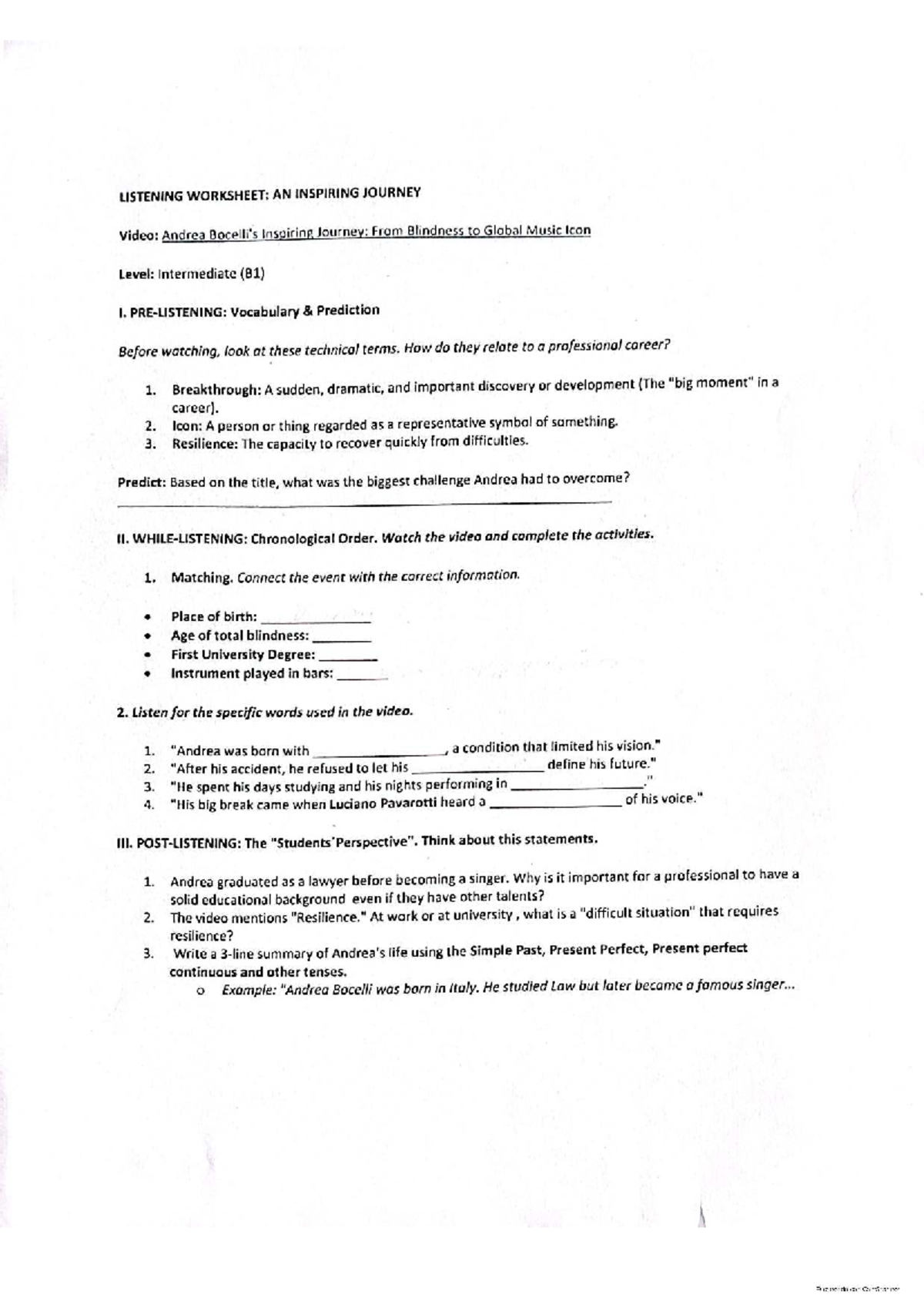 Listening Worksheet: Andrea's Inspiring Journey (B1) Analysis - Studocu