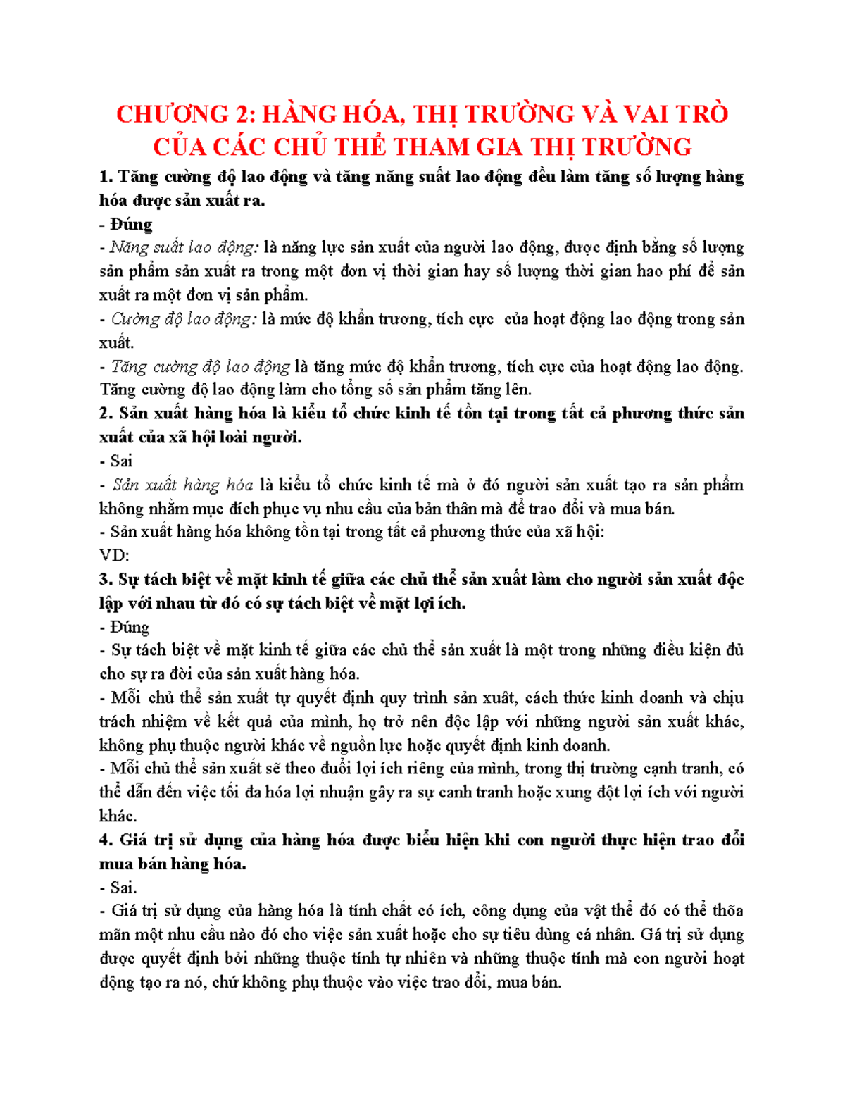 CHƯƠNG 2: HÀNG HÓA, THỊ TRƯỜNG VÀ VAI TRÒ CÁC CHỦ THỂ THAM GIA THỊ ...