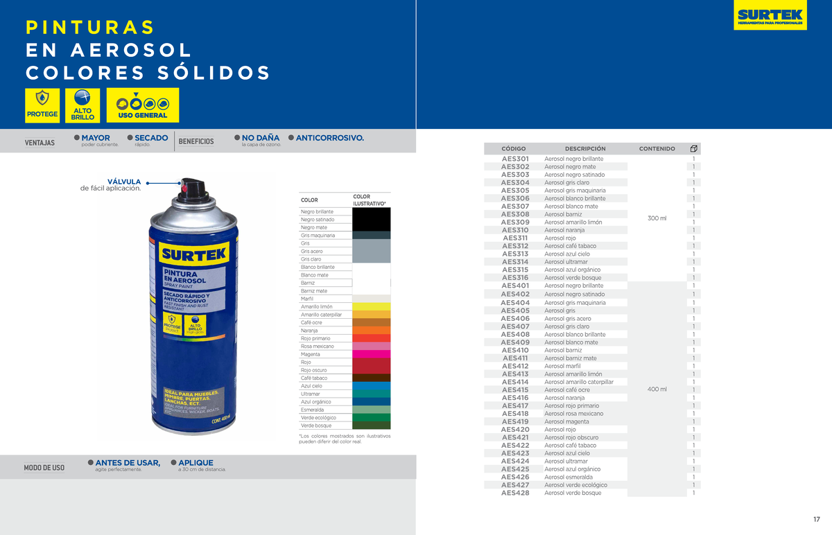 Guía de Uso y Colores de Pinturas Aerosol HDS PINTURAS - Surtek - Studocu