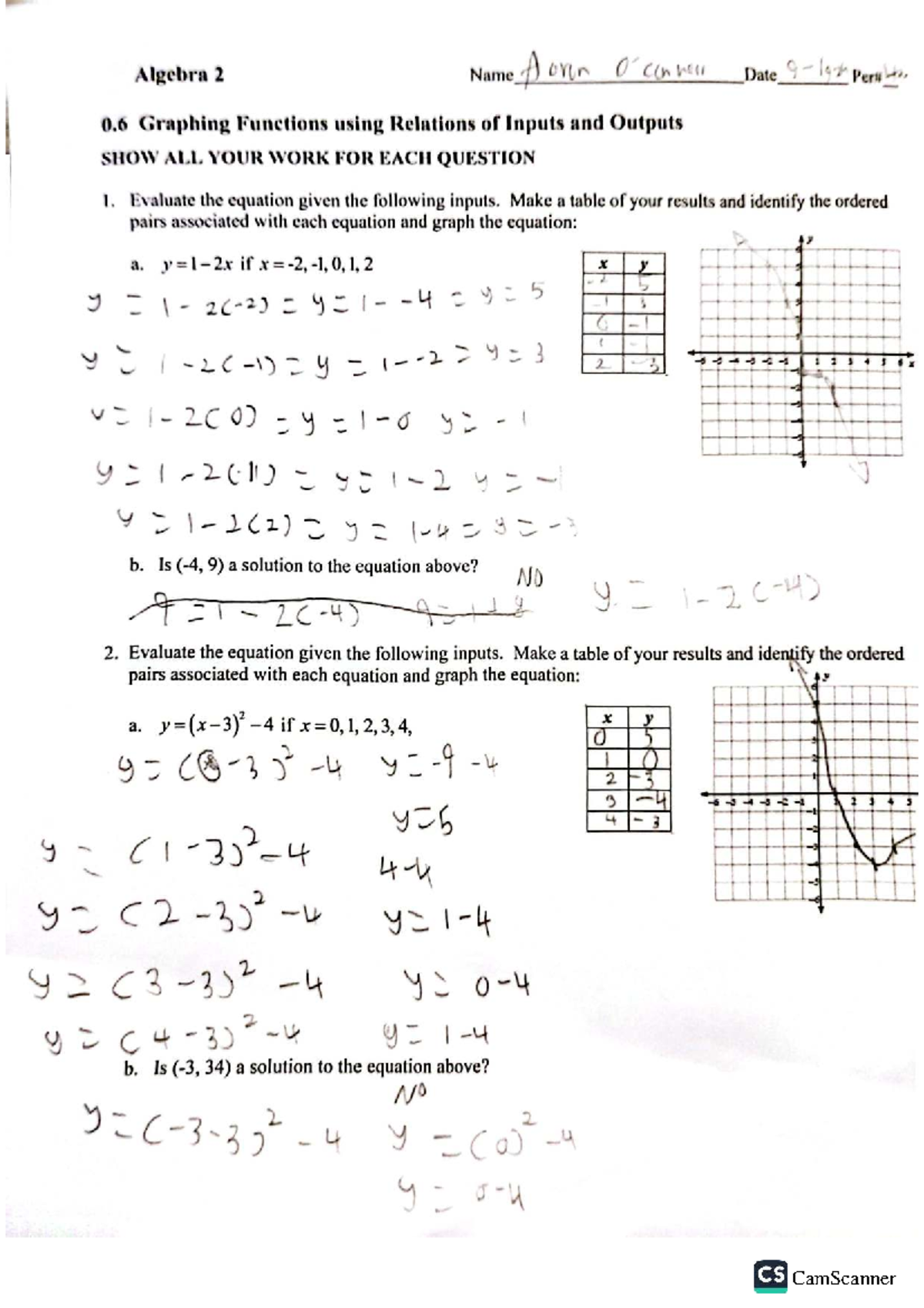 Math 9 - Algebra Assignment: Graphing Functions & Evaluating Inputs ...