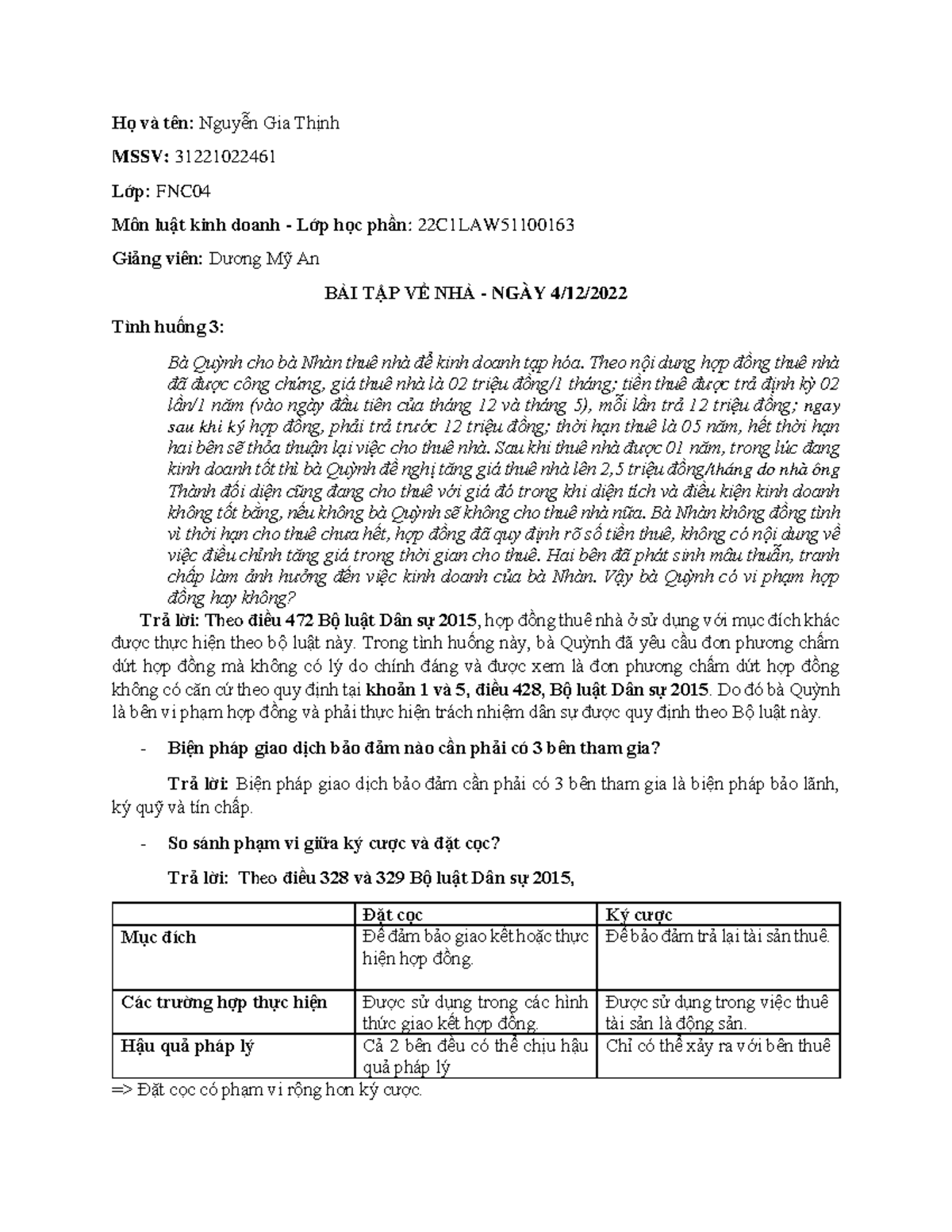 Bài tập LKD 30-11-2022 - Bài tập tình huống LKD - Họ và tên: Nguyễn Gia ...