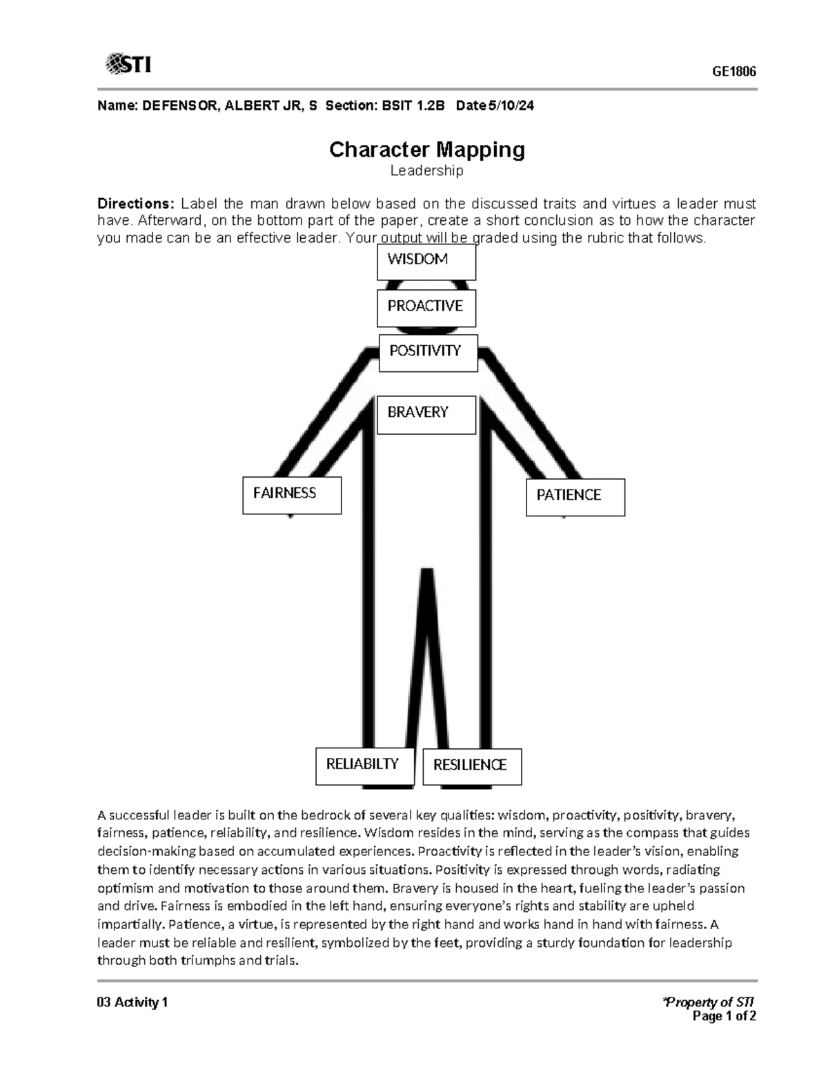 BSIT 1.2B Activity 1: Leadership Character Mapping and Reflection - Studocu