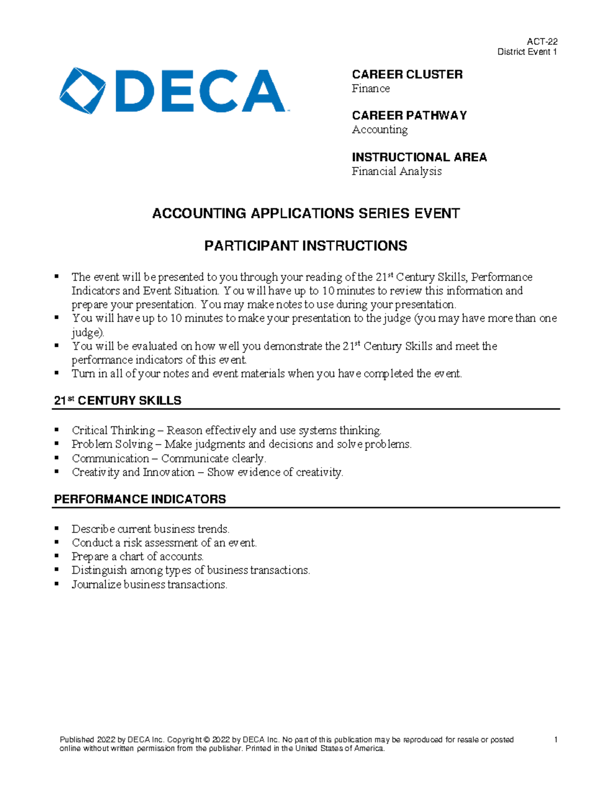 DECA ACT 2022: District Event 1 - Finance & Accounting Presentation ...