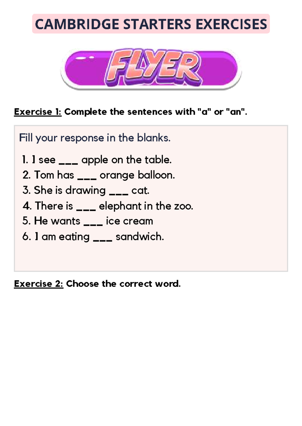 Cambridge Starters Grammar Exercises 1: Fill in the Blanks - Studocu