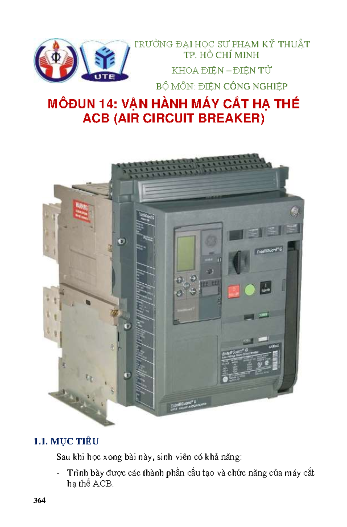 14 ACB - Tài liệu vận hành máy cắt hạ thế EntelliGuard G™ - Studocu