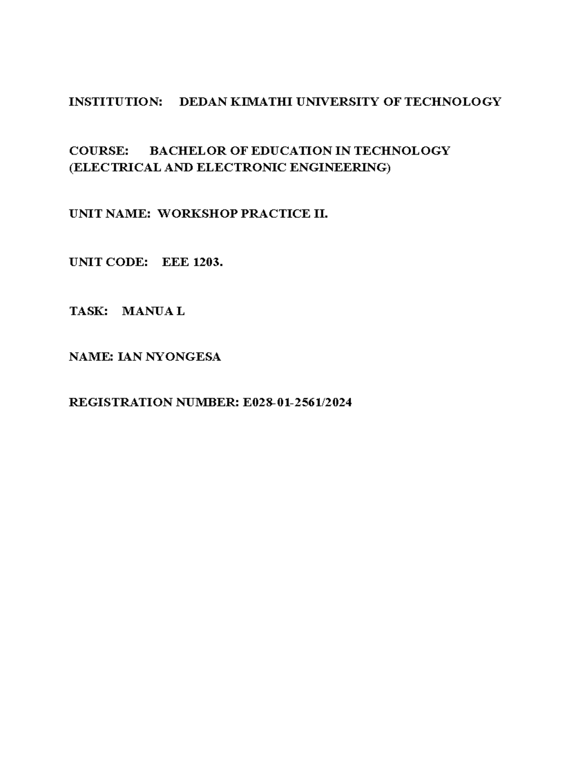 Ian - electrical joints - INSTITUTION: DEDAN KIMATHI UNIVERSITY OF ...