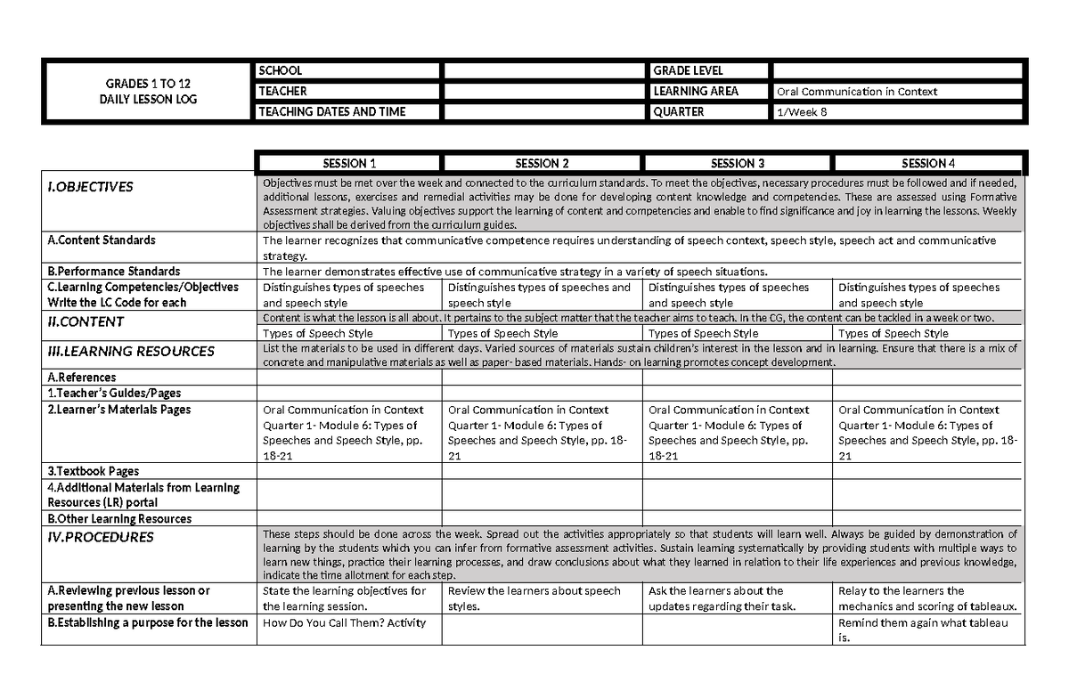 OC 1-12 Daily Lesson Log: Oral Communication in Context - Week 8 - Studocu