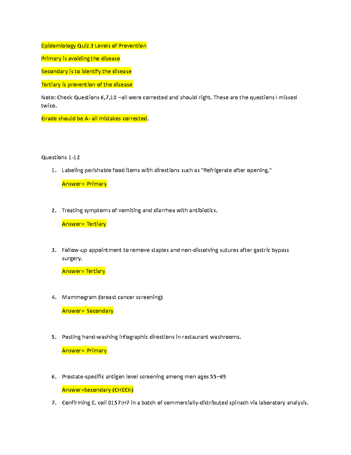 Epidemiology Quiz 3: Levels of Prevention Analysis and Corrections ...