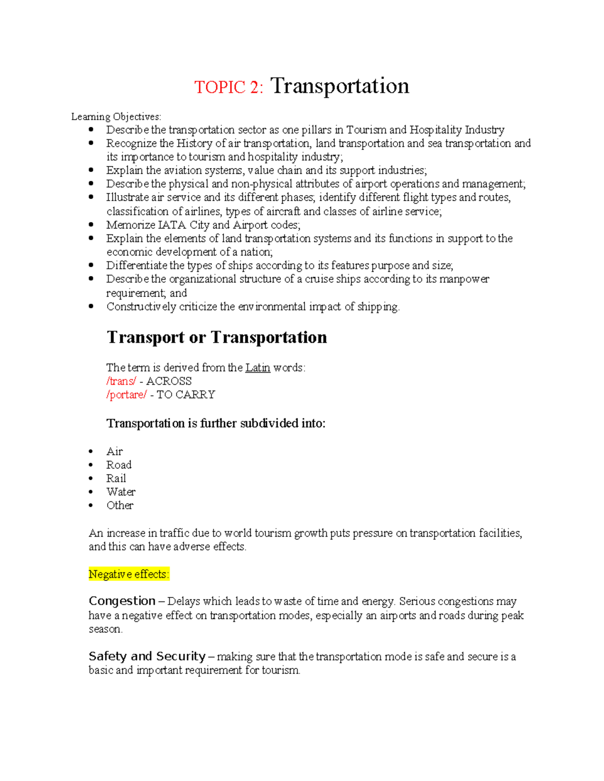 Transportation in Tourism & Hospitality: Key Concepts & History - Studocu