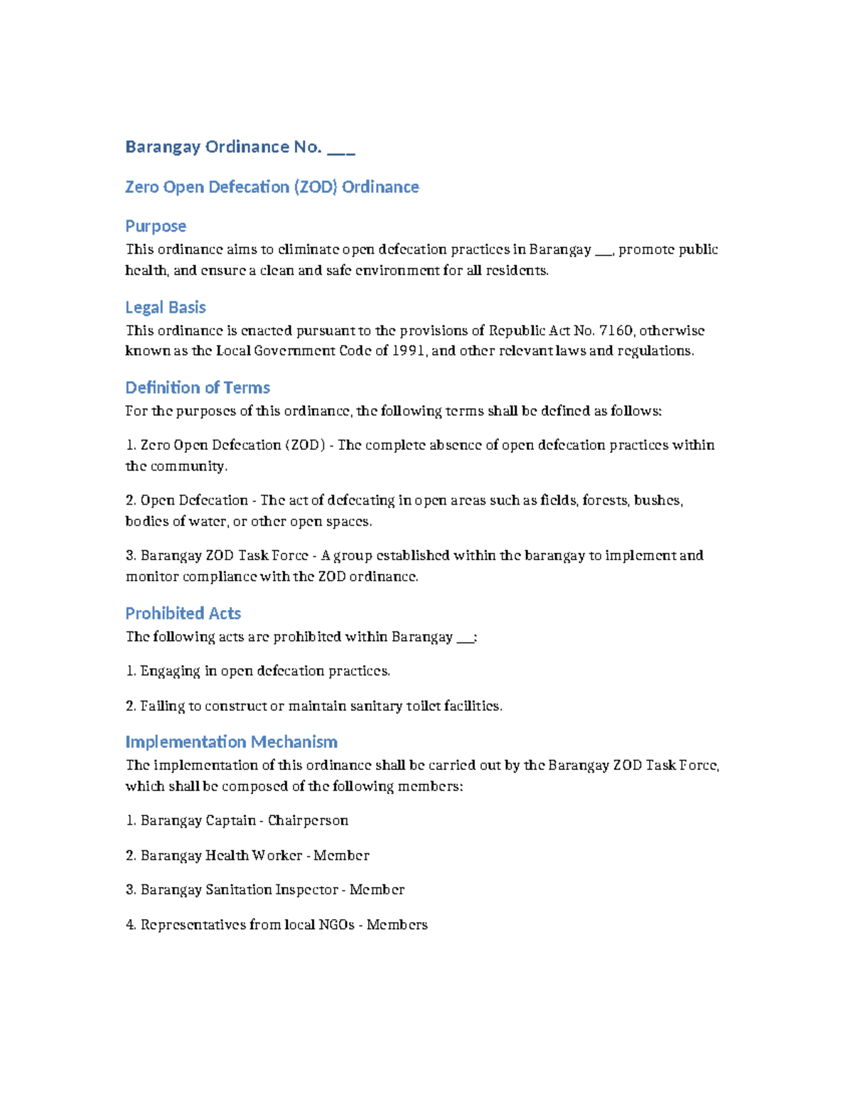 Barangay Ordinance No. 0: Zero Open Defecation (ZOD) Guidelines - Studocu