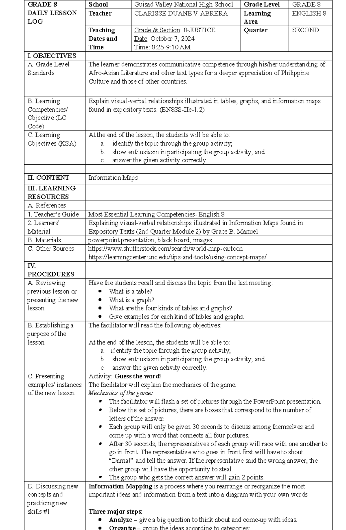 GRADE 8 ENGLISH 8 DAILY LESSON LOG: INFO MAPS & OBJECTIVES - Studocu
