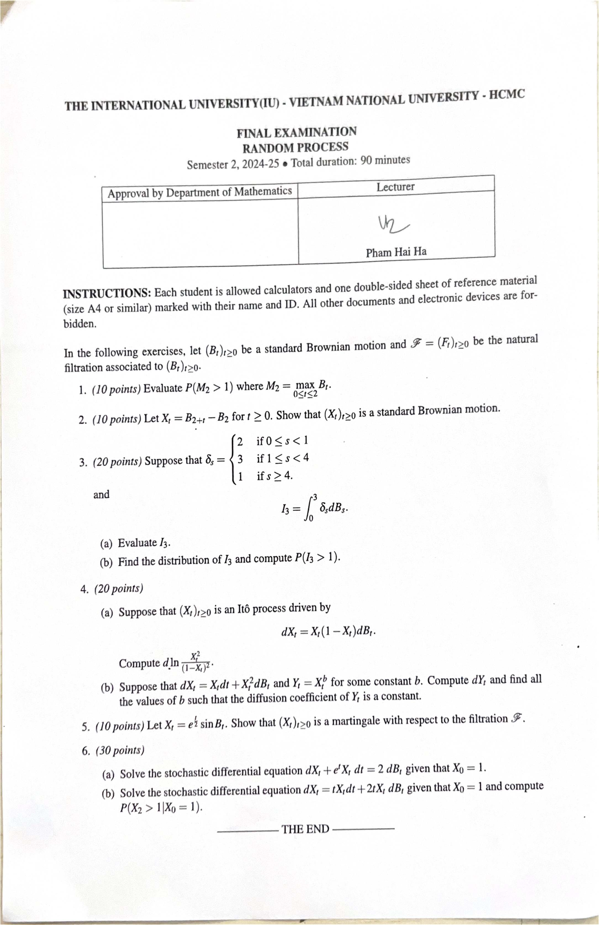 IU Vietnam National University Final Exam: Random Process Semester 2 ...