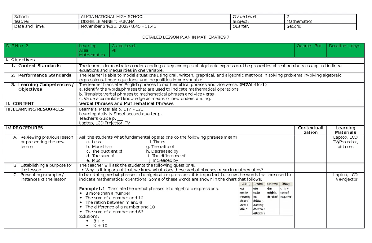 Detailed lesson plan the addition and subtraction of polynomial ...