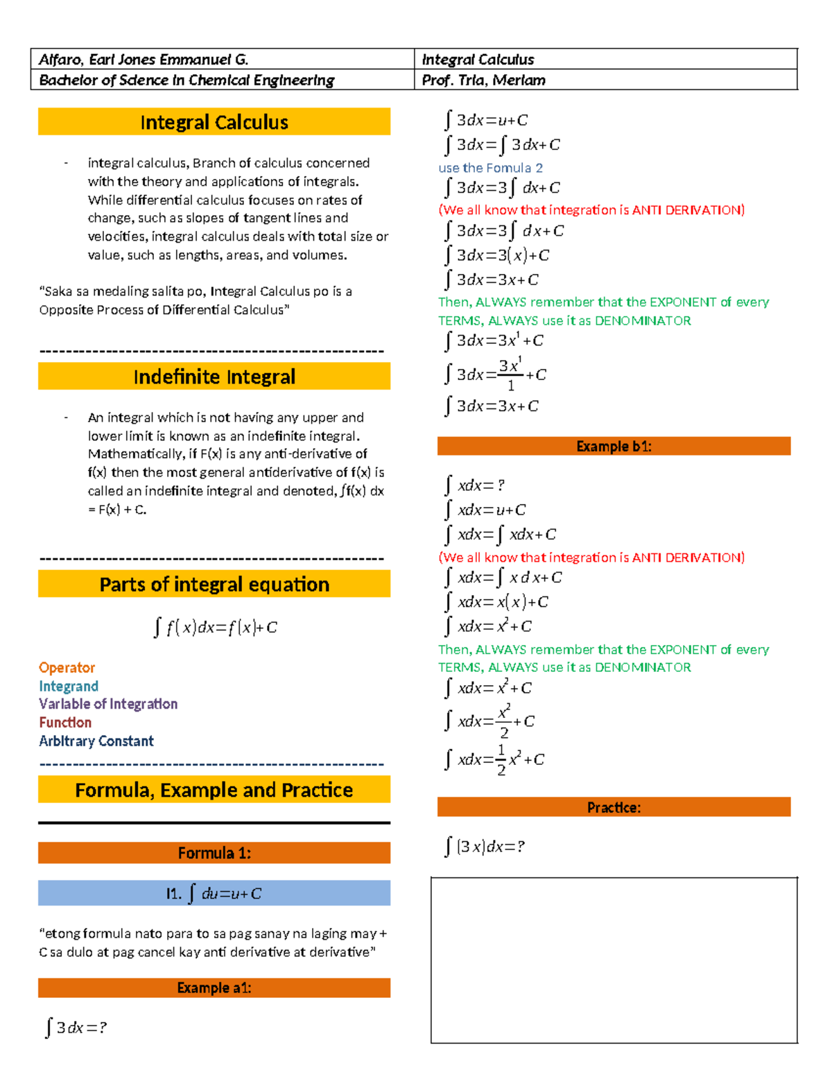 Calculus II - Integral Calculus Summary and Practice Exercises - Studocu