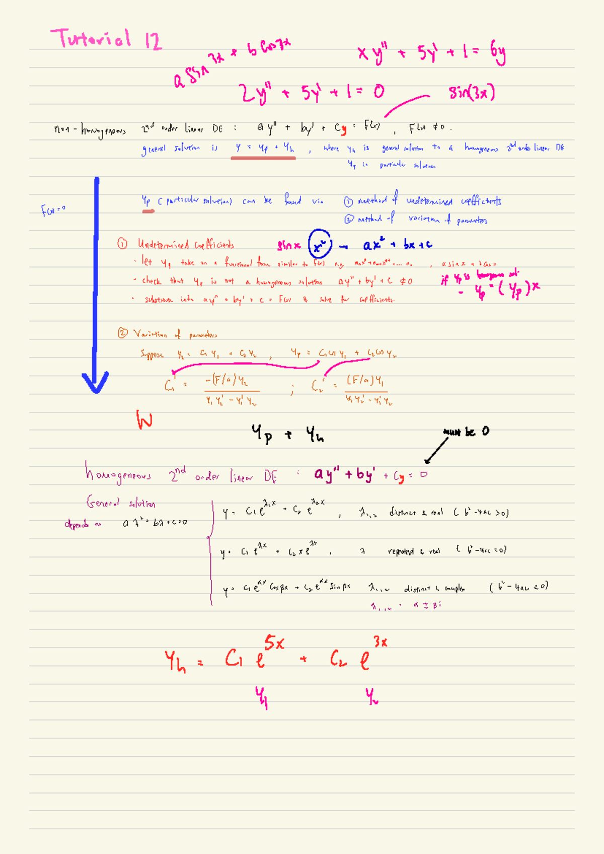 Math 2 Tutorial 12: Solutions to Linear Differential Equations - Studocu