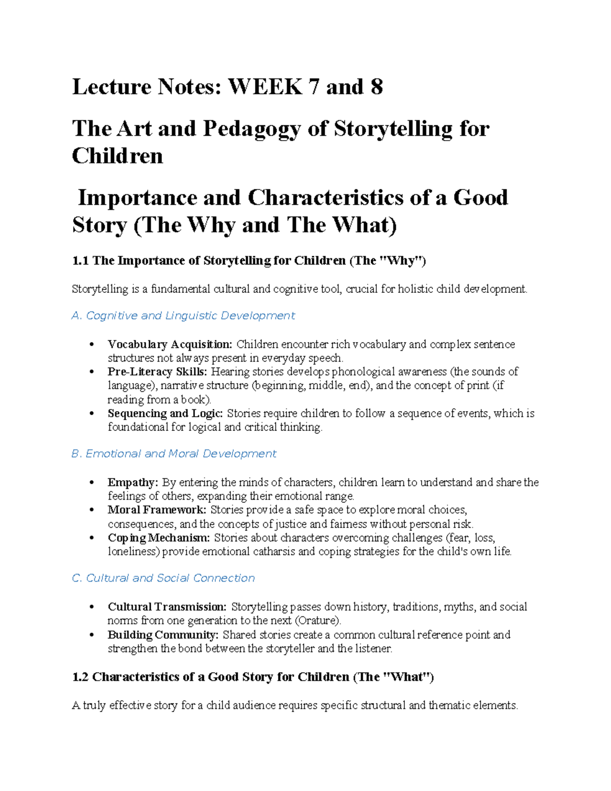 Lecture Notes CL 7;8: The Art of Storytelling for Children - Studocu