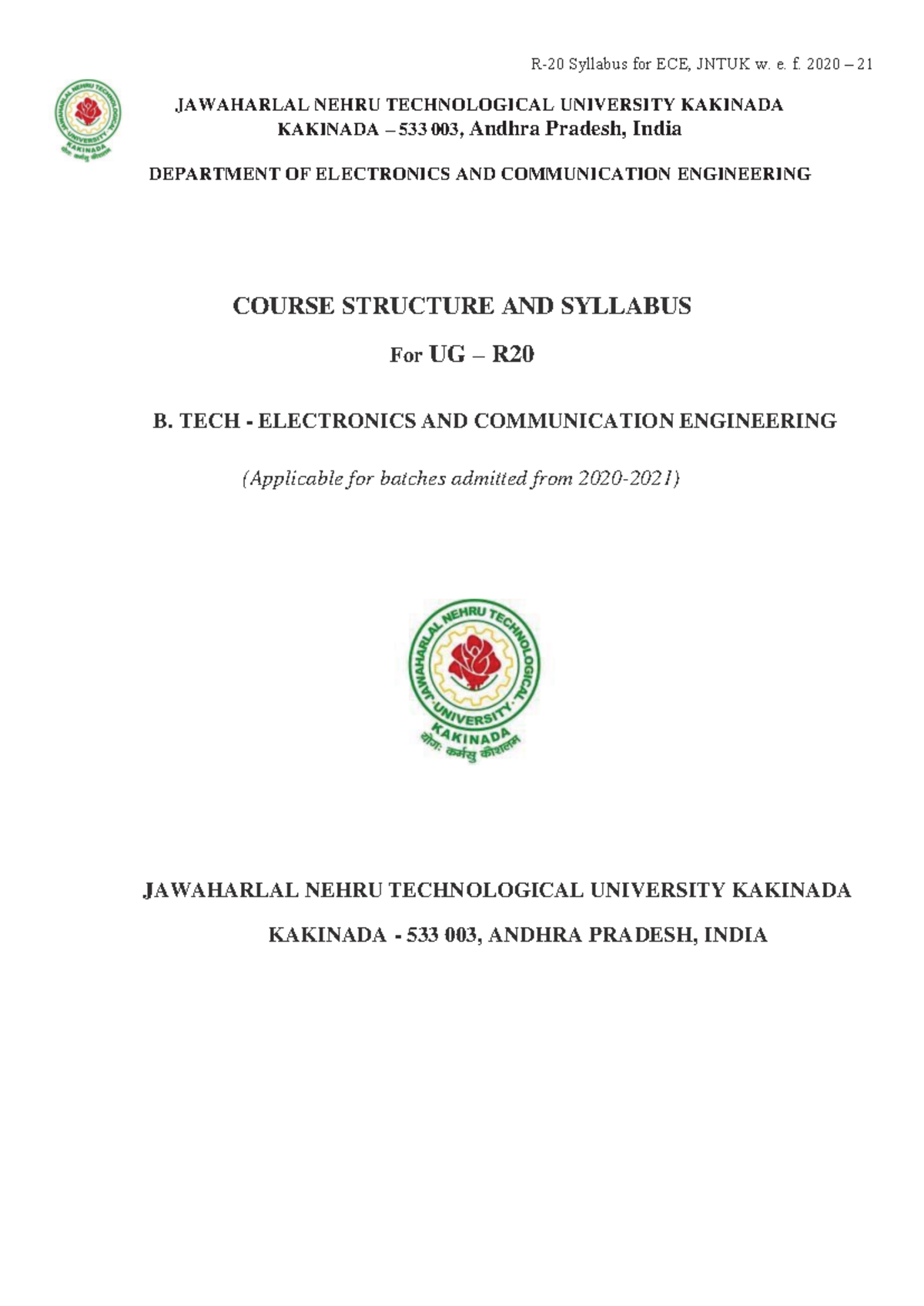 ECE R20 UG Syllabus for Electronics & Communication Engineering - Studocu