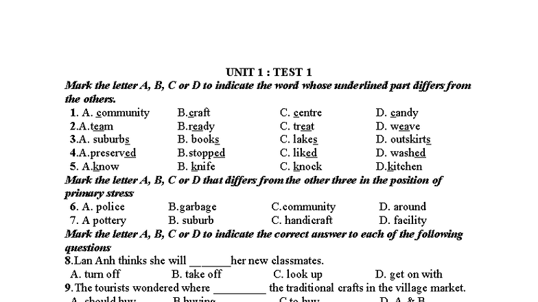UNIT 1: TEST 1 - Vocabulary and Grammar Exercises - Studocu
