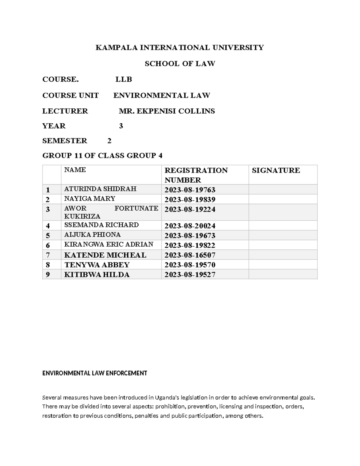 Environmental Law Enforcement - LLB 3rd Year Group 11 - Studocu