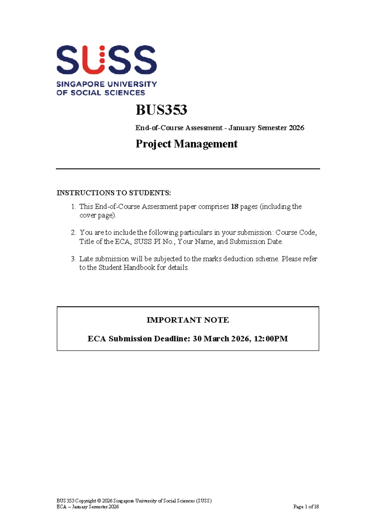 BUS353 January 2026 ECA Project Management Guidelines and Instructions ...
