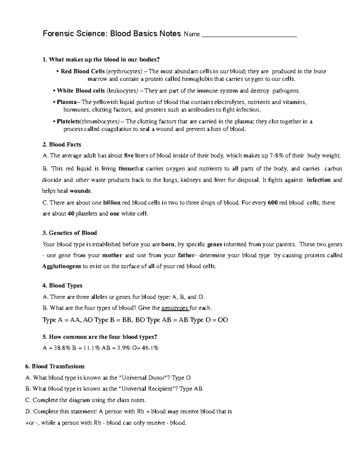 Forensic Science: Blood Basics Worksheet Notes - Studocu